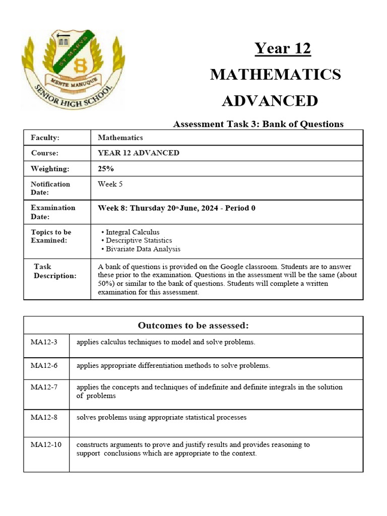 2024 - 12MAT - Term 2 Assessment - Bank of Questions | PDF | Calculus ...