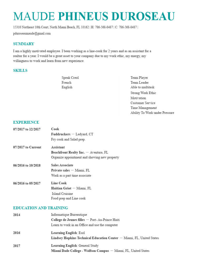 Maude Phineus Duroseau Resume 1 | PDF