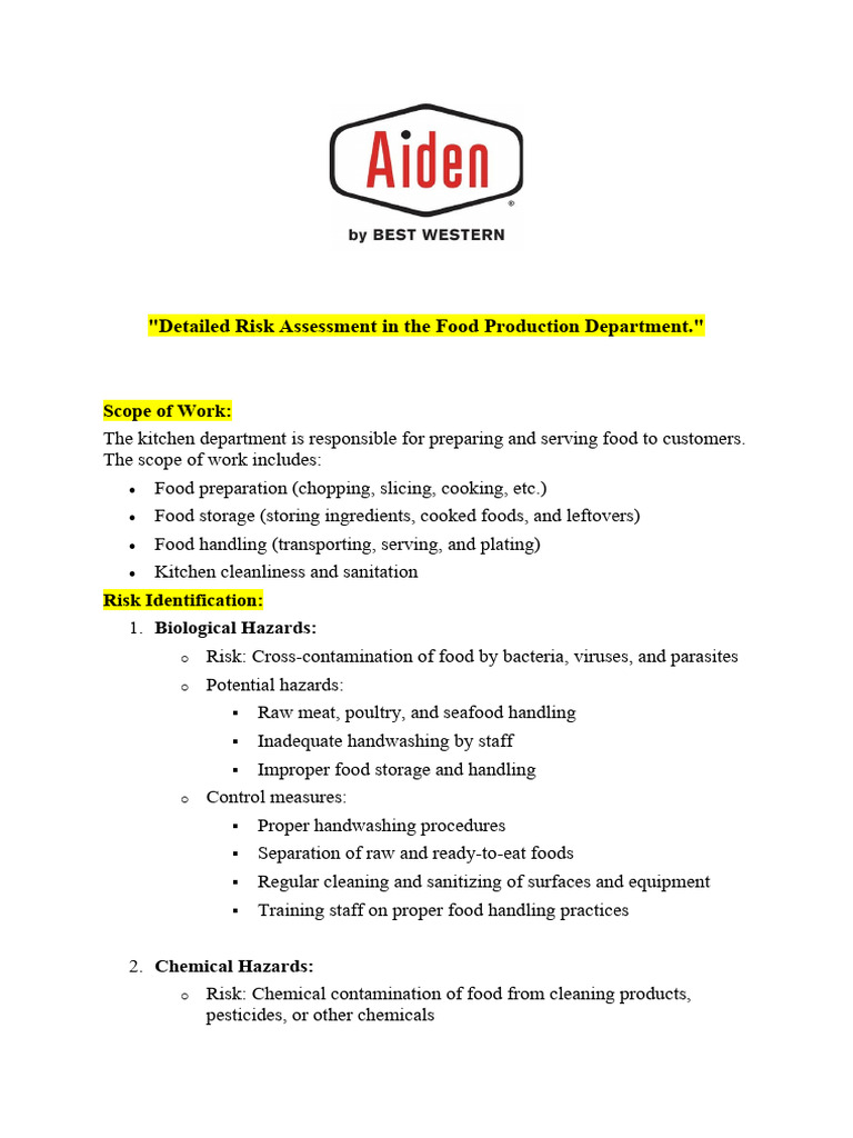 Detailed Risk Assessment in The Food Production Department | PDF ...