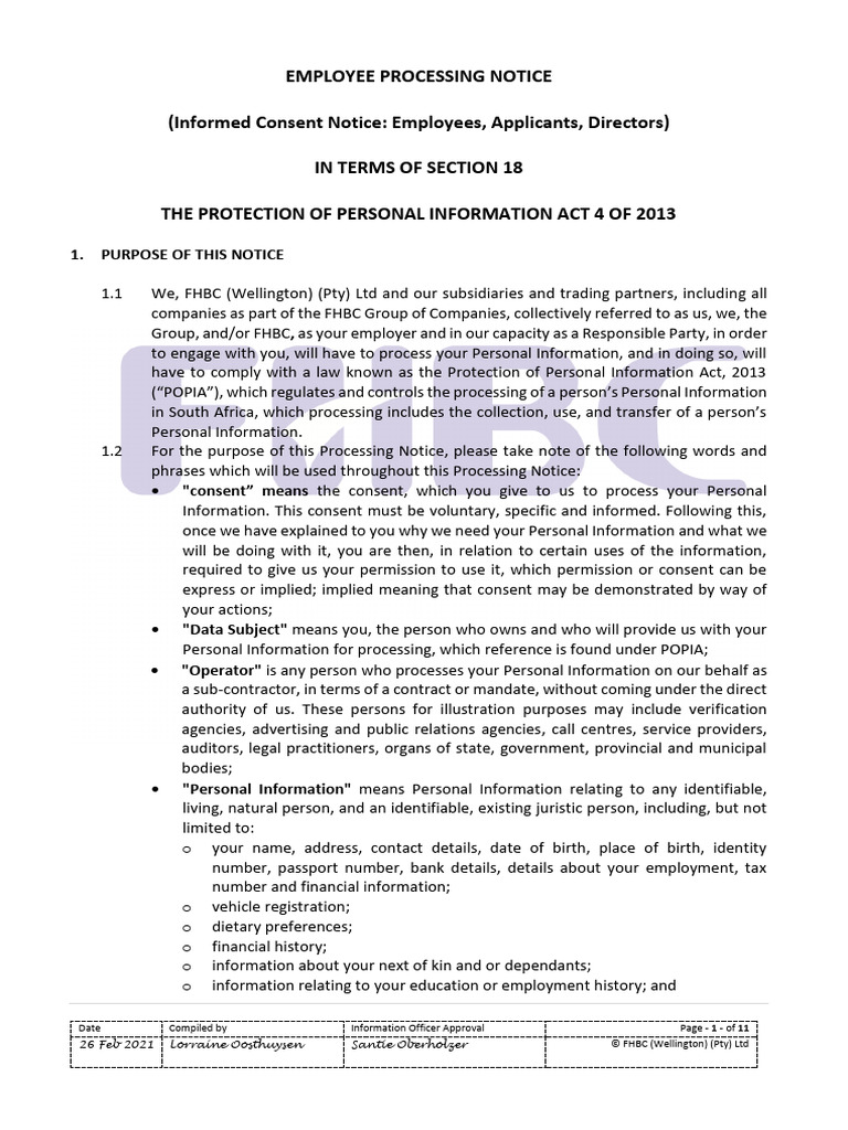 11.2 Informed Consent Notice Employee Processing Notice Sect 183 | PDF ...