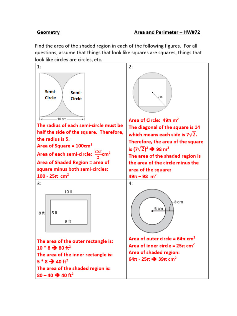 Geometry Area Perimeter HW Solutions PDF | PDF | Area | Circle