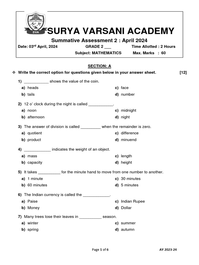 Sa2 Mat G2 QP 2023-24 | PDF | Rupee | Litre