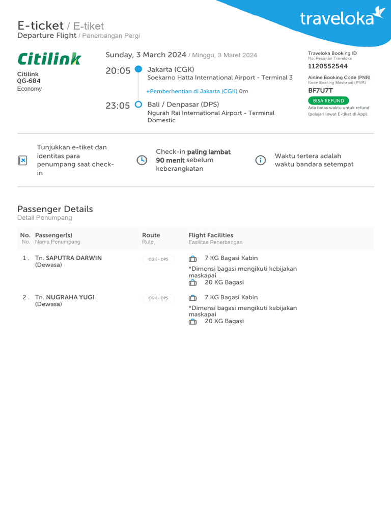 Tiket Pesawat Dinas TKDN Bali 3 Maret 2024-Two Person | PDF