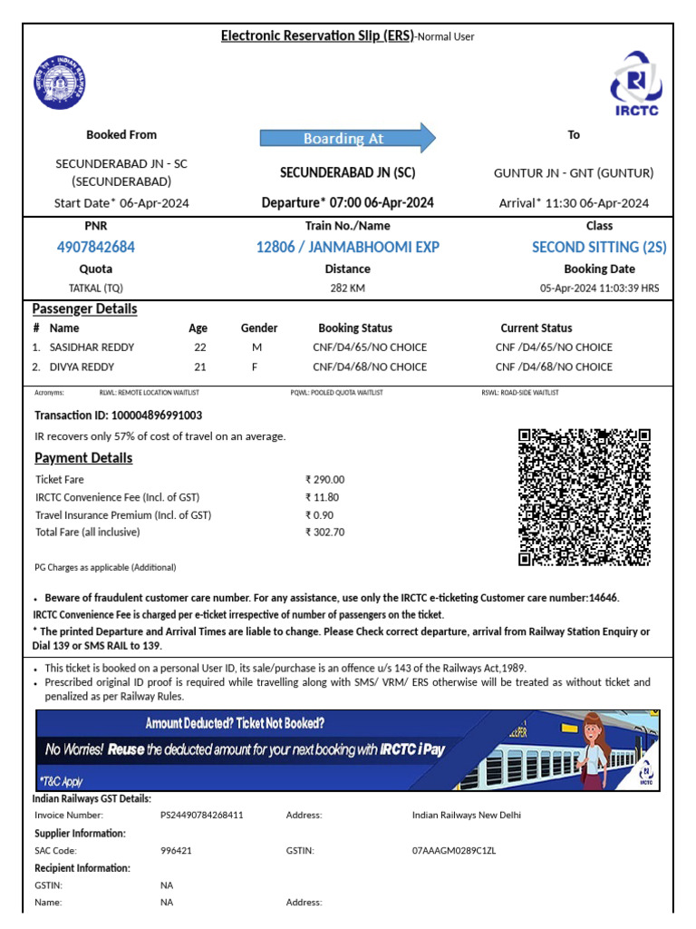 Janmabhoomi Exp Second Sitting (2S) : Electronic Reserva On Slip (ERS) | Download Free PDF ...