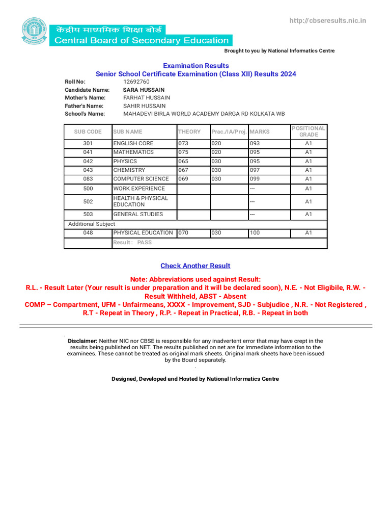 CBSE - Senior School Certificate Examination (Class XII) Results 2024 ...