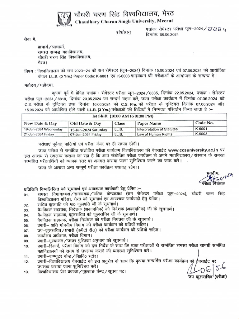Change Exam Schedule Only LL.B. (3 Yrs.) Course Paper Code K-6001 & K ...