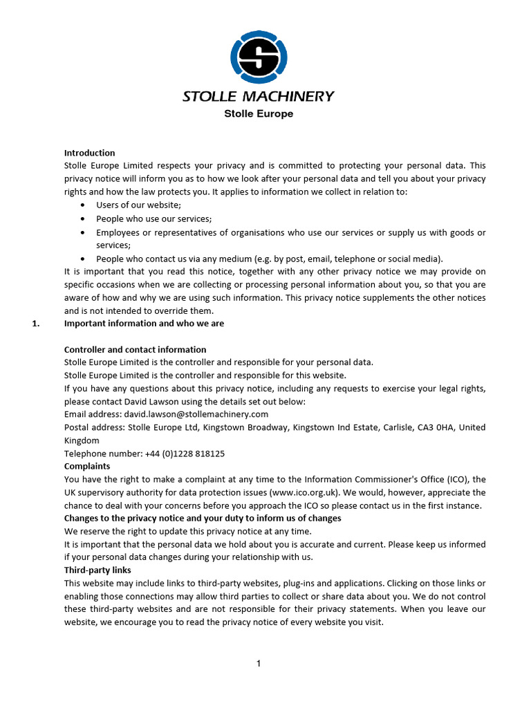 Stolle Europe Website Privacy Notice | PDF | Privacy | Http Cookie