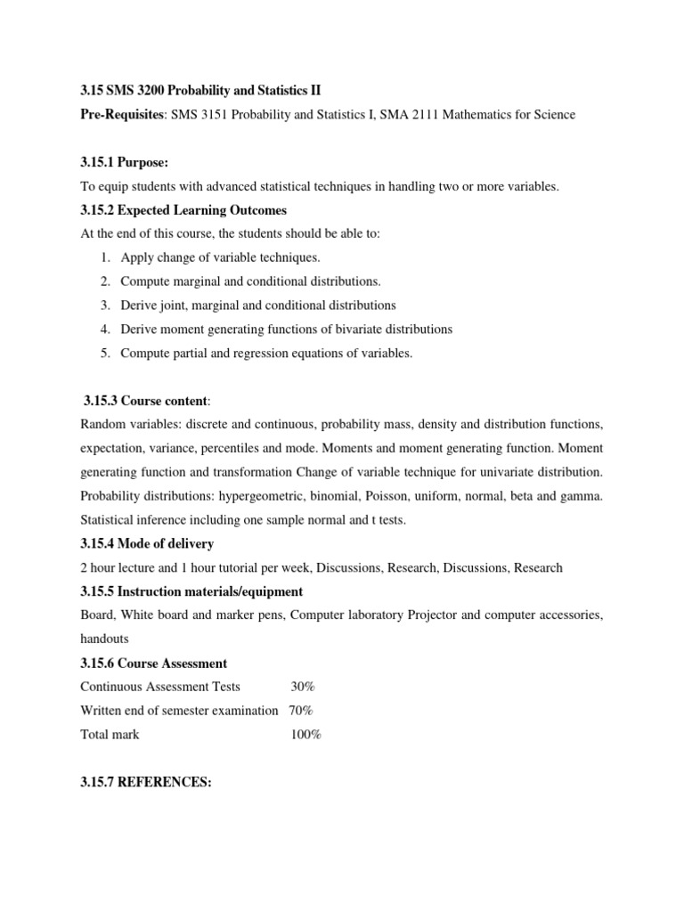 Probability and Statistics - II - SMS - 3200 - Course - Outline | PDF