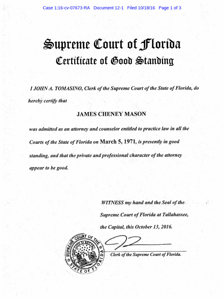 12-1 Exhibit (FL-SC Certificate) | PDF