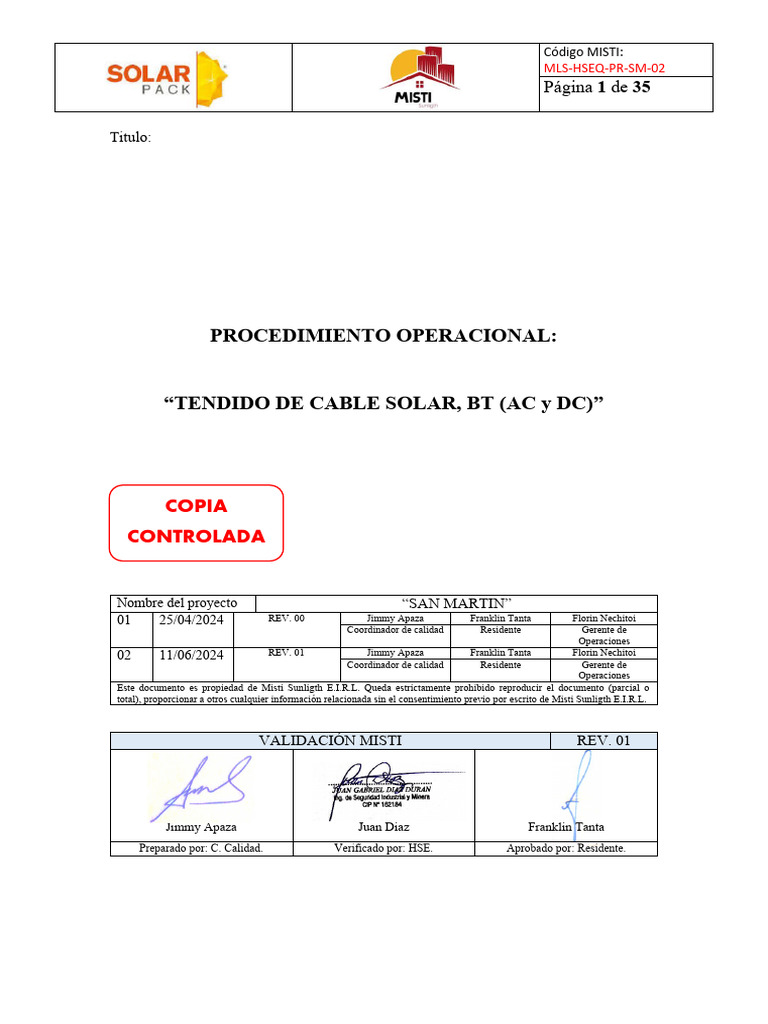 MLS-HSEQ-PR-SM-02 Version 1 - Tendido de Cable Solar, BT AC y DC | PDF ...