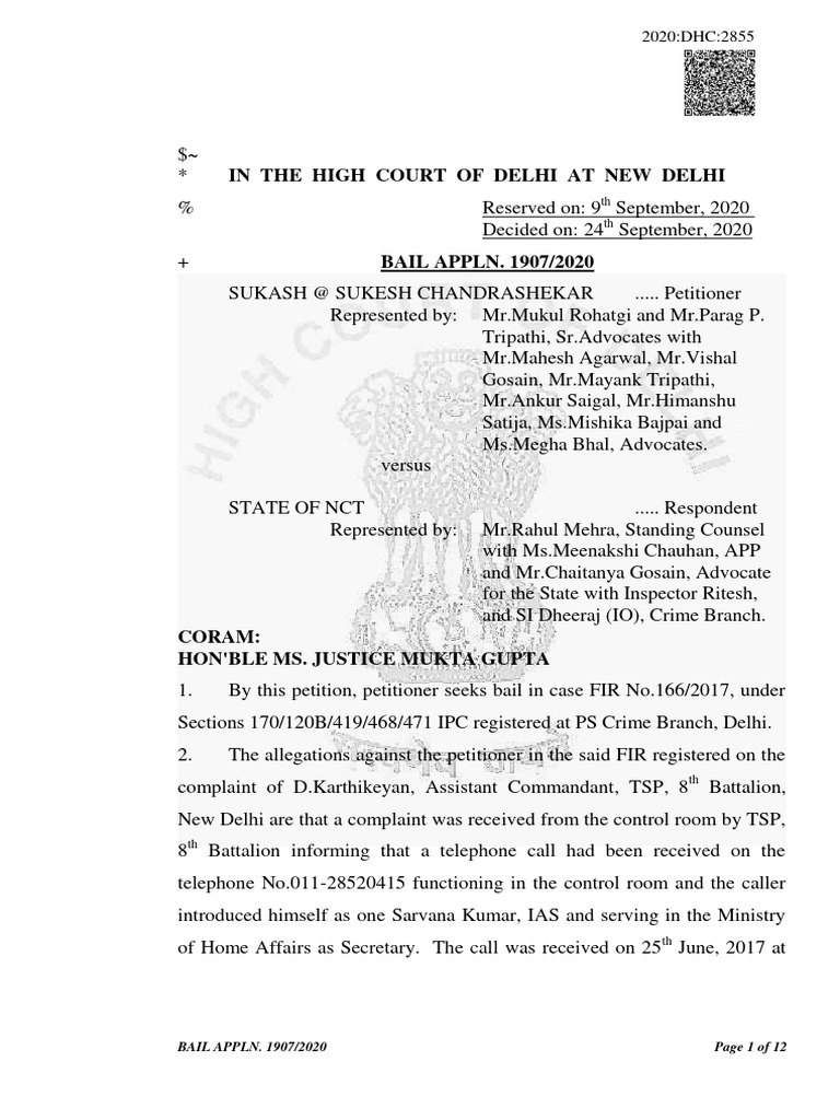 1907 - Sukesh Vs State of NCT (2020) | PDF | Bail | Arrest