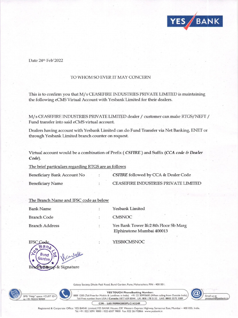 Ceasefire Yes Bank Details | PDF