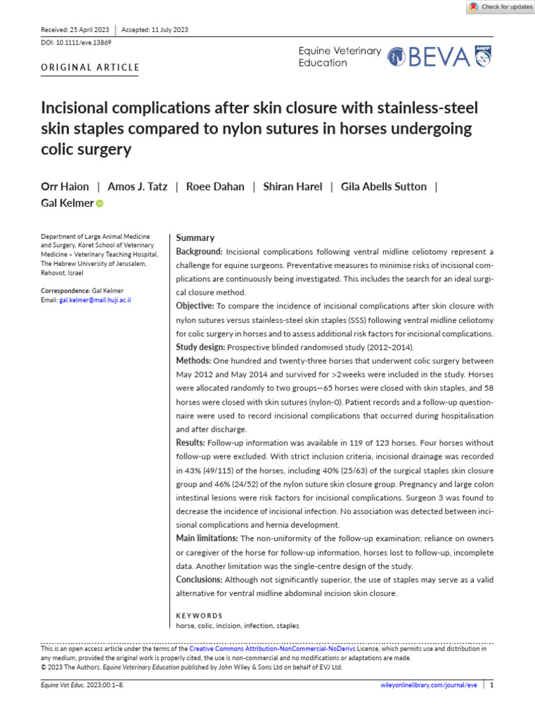 Equine Veterinary Education - 2023 - Haion - Incisional Complications ...