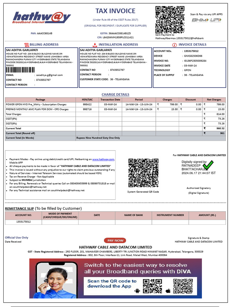Hathway Bill | PDF | Cheque | Payments