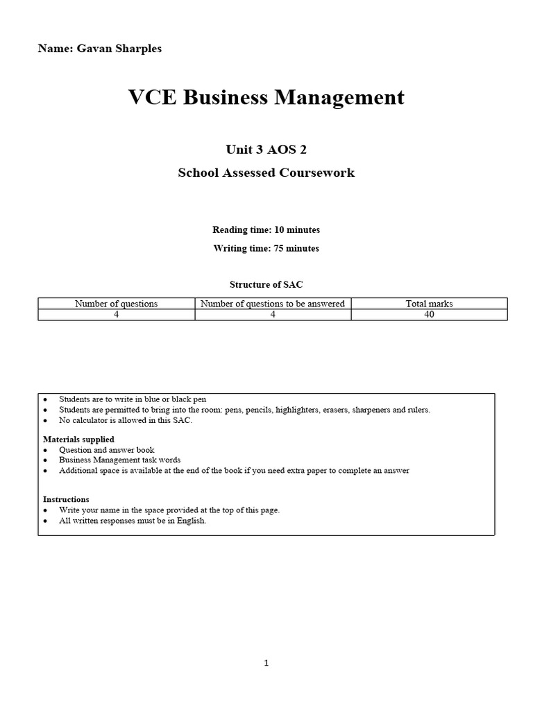 VCE Business Management Prac SAC 1 AOS2 | PDF | Employment | Goal