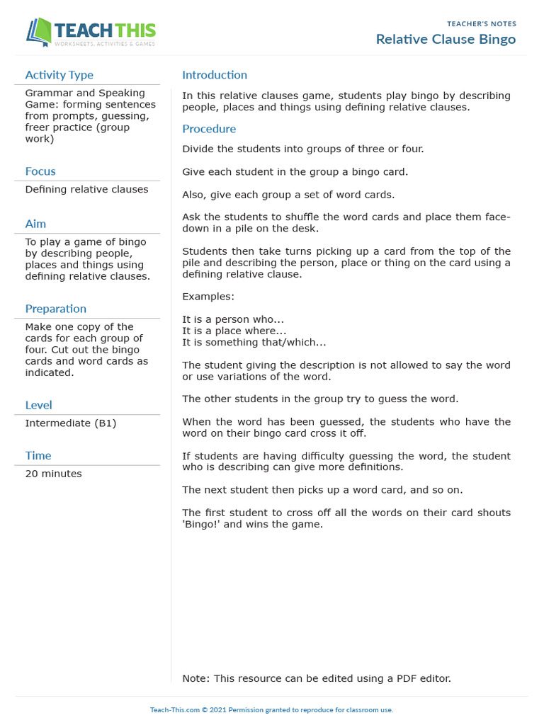Relative Clause Bingo | Download Free PDF | Linguistics | Syntax