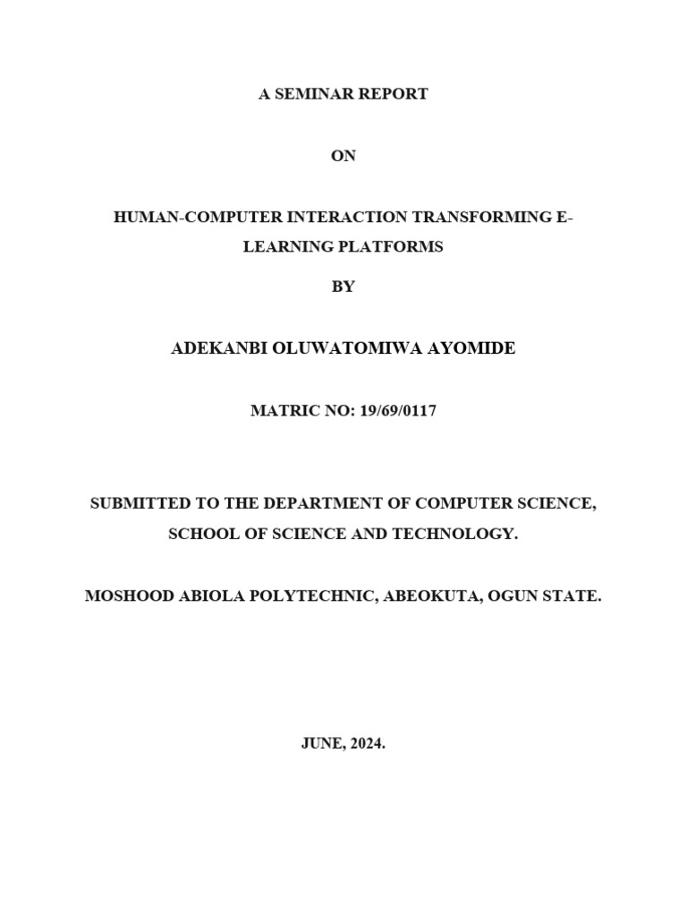 A Seminar Report On Human Computer Interaction | PDF | Human–Computer Interaction | Educational ...