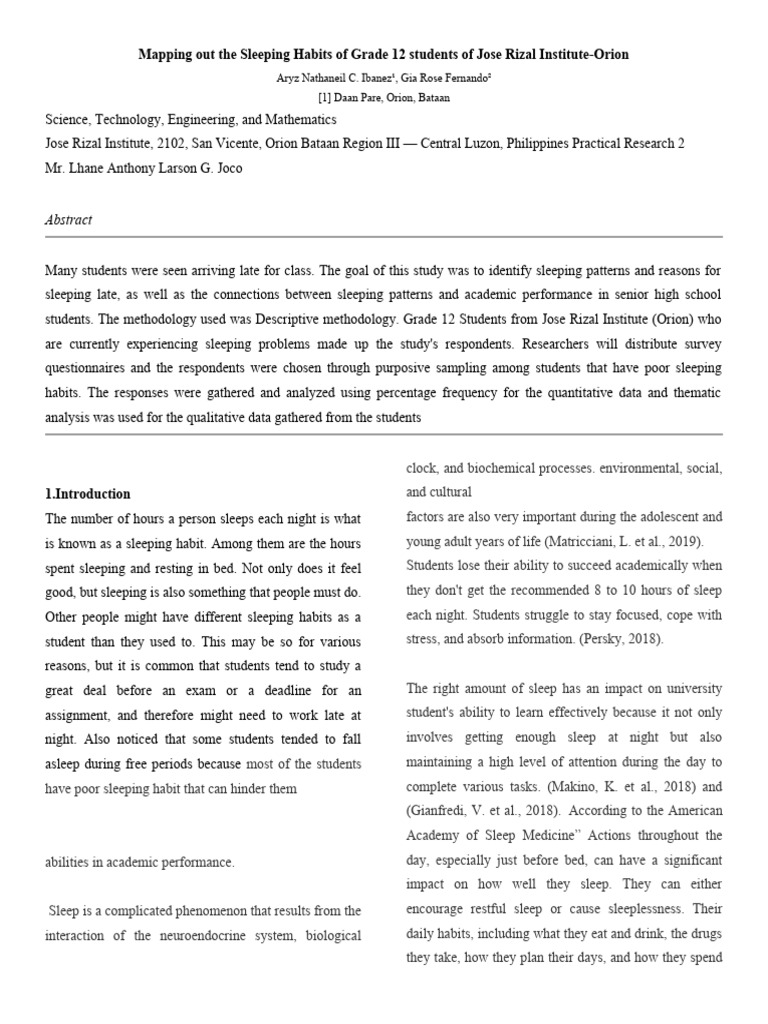 Grade 12 Sleep Habits Study at JRI-Orion | PDF | Sleep | Sleep Deprivation
