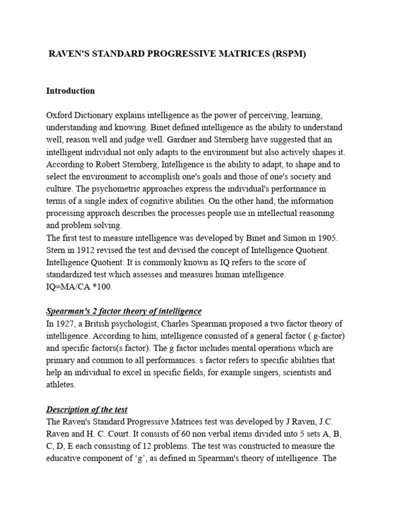 Raven's Standard Progressive Matrices (RSPM) | PDF | Intelligence ...