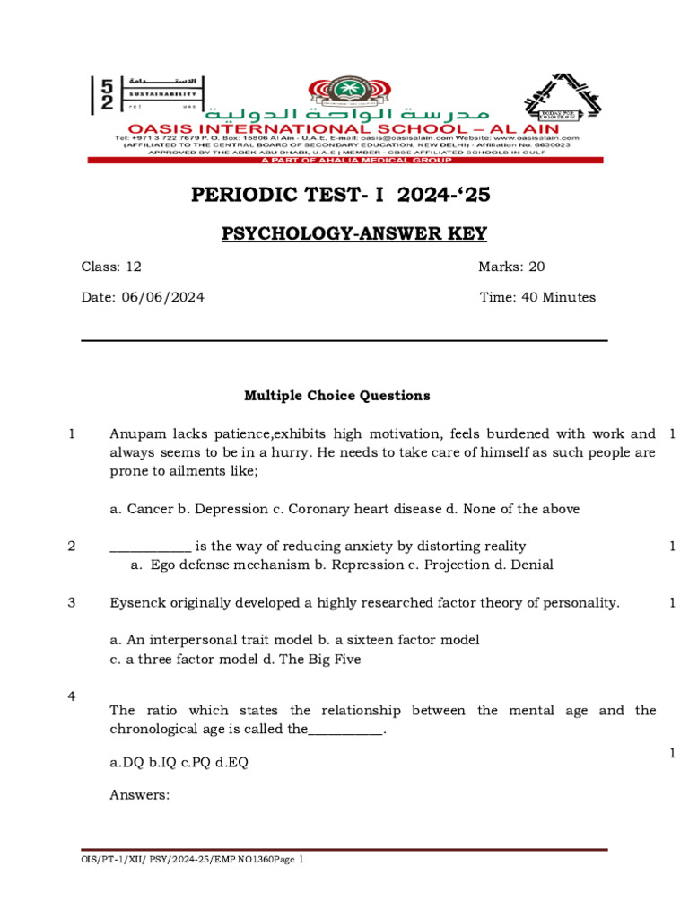 12 Pt1 Answer Key - Docx-2 2 | PDF | Psychological Concepts | Behavioural Sciences