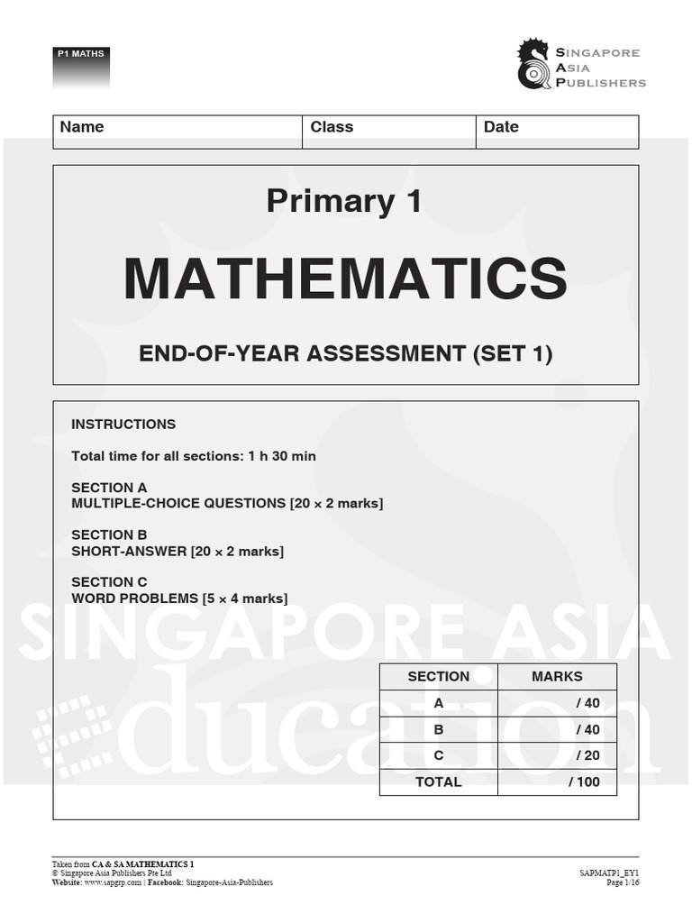Primary 1 Mathematics Assessment Test | PDF | Mathematics
