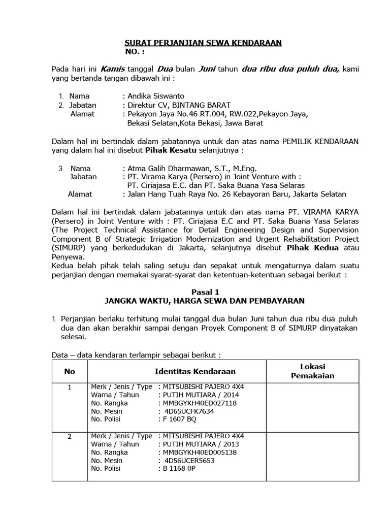 Perjanjian Sewa Kendaraan Bandung 4WD Ke 2 | PDF | Pengelolaan Keuangan & Uang | Hukum