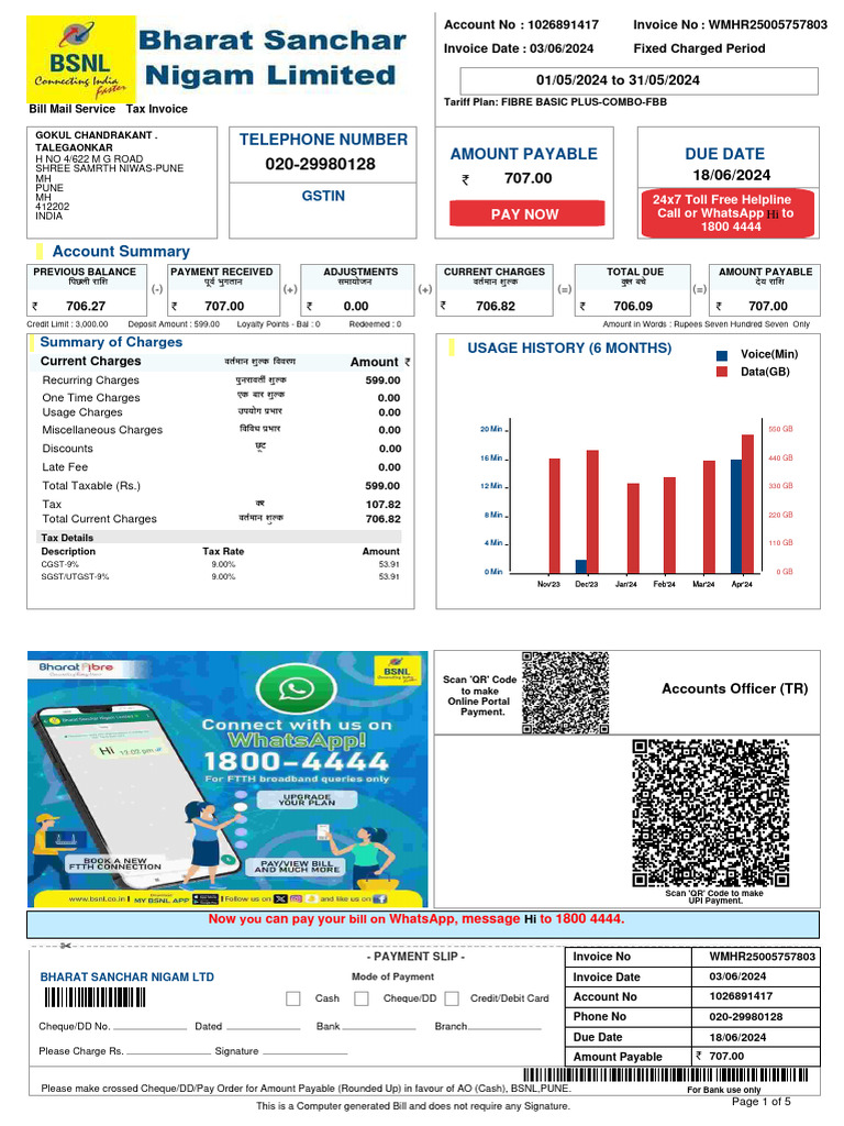 BSNL Fibre Basic Plus Invoice Summary | PDF | Cheque | Payments