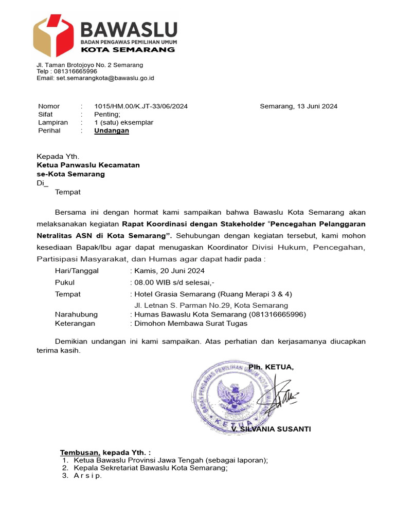 Surat Undangan Rapat Koordinasi Dengan Stakeholder (Panwascam) Tanggal ...