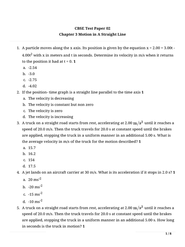 CBSE Motion: Straight Line Test | PDF | Acceleration | Velocity