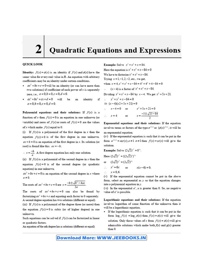 JEE Mains Class 11 | PDF | Equations | Quadratic Equation