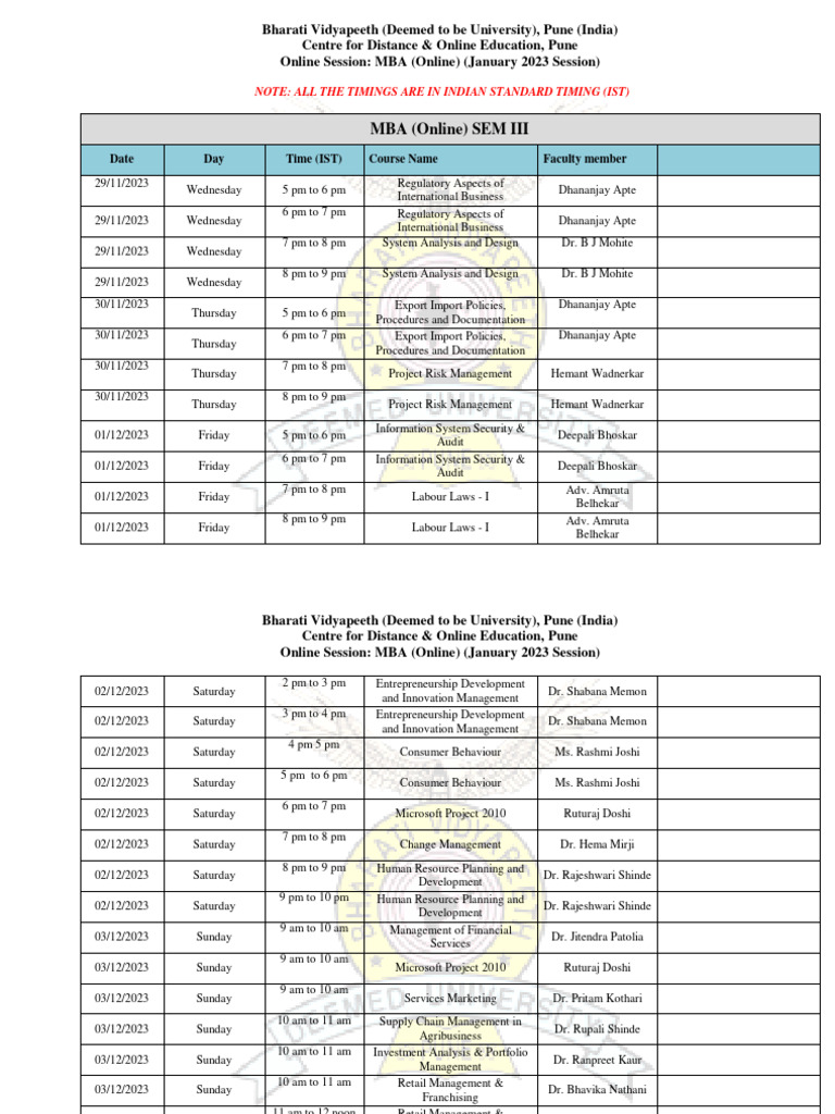 MBA Online Time Table From 29th Nov Till 31st December Updated | PDF ...