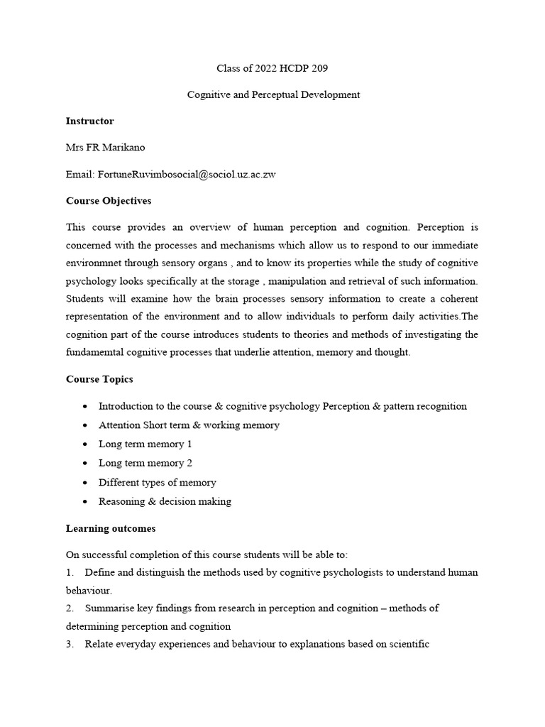 HCDP203 Perceptual and Cognitive Development Course Outline | PDF ...