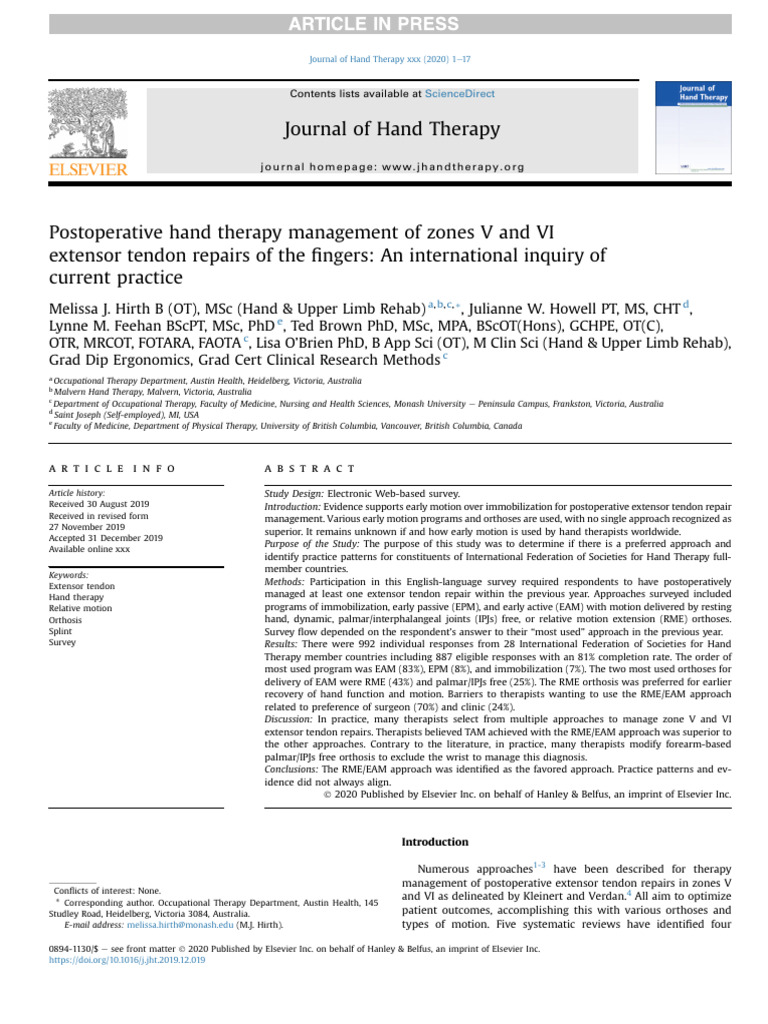 Postoperative Hand Therapy Management of Zones v and VI | Download Free ...