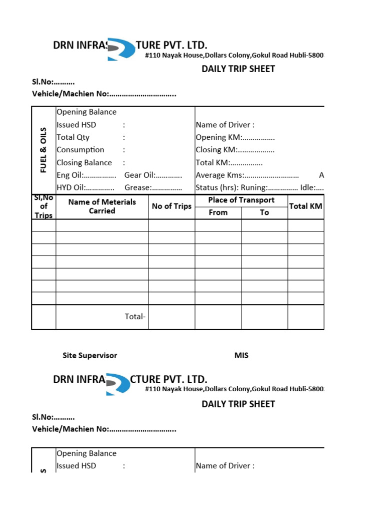 Daily Vehicle Trip Sheet Template | PDF