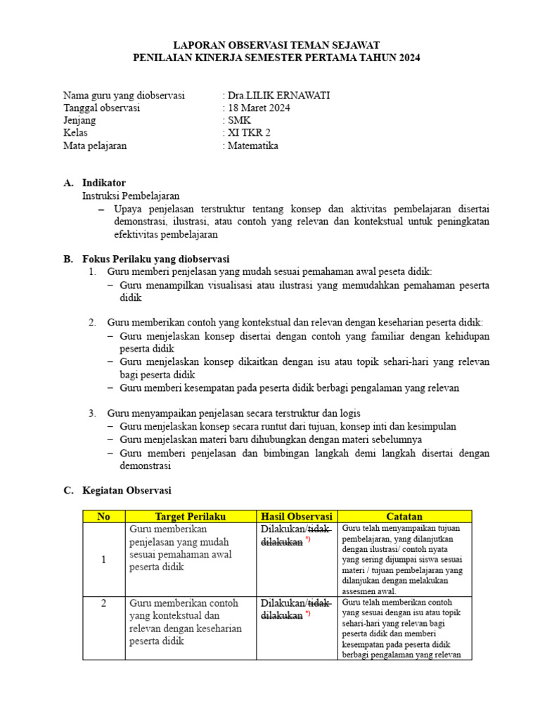 Laporan Observasi Teman Sejawat | PDF | Karier & Perkembangan | Sains & Matematika