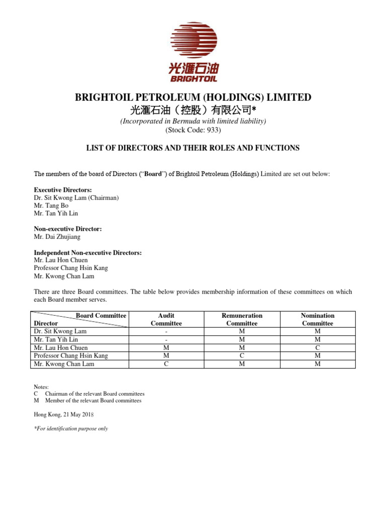 Brightoil Petroleum (Holdings) Limited: List of Directors and Their Roles and Functions | PDF