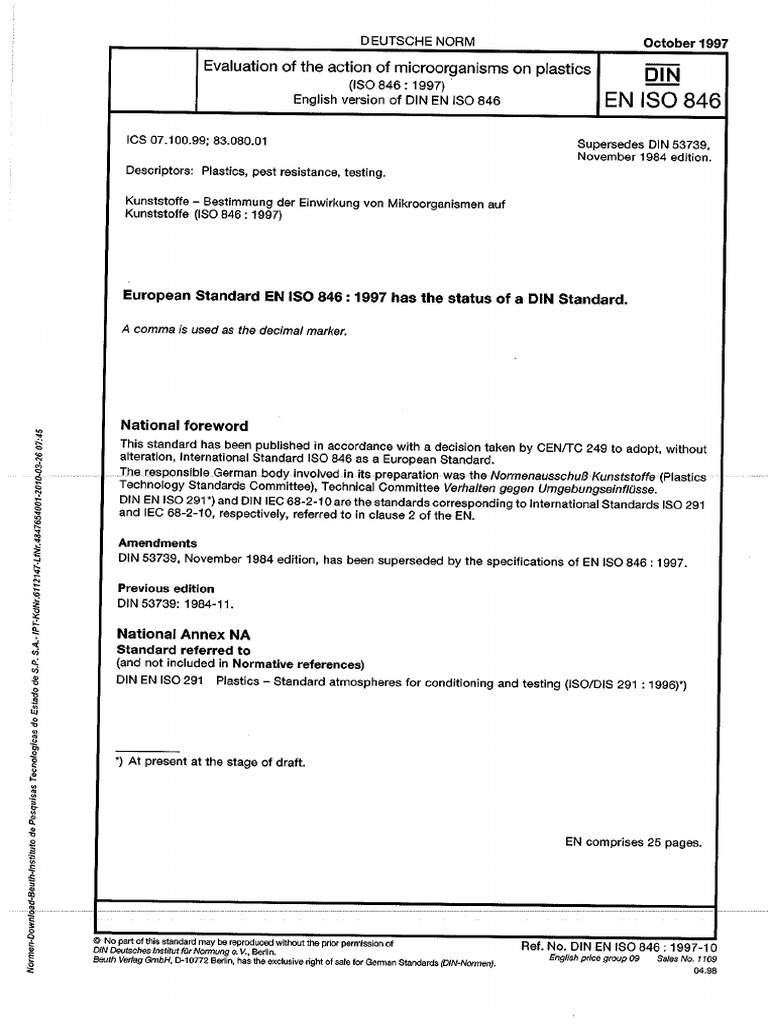 DIN EN ISO 846 Evaluation of The Action of Microorganisms On Plastics | PDF