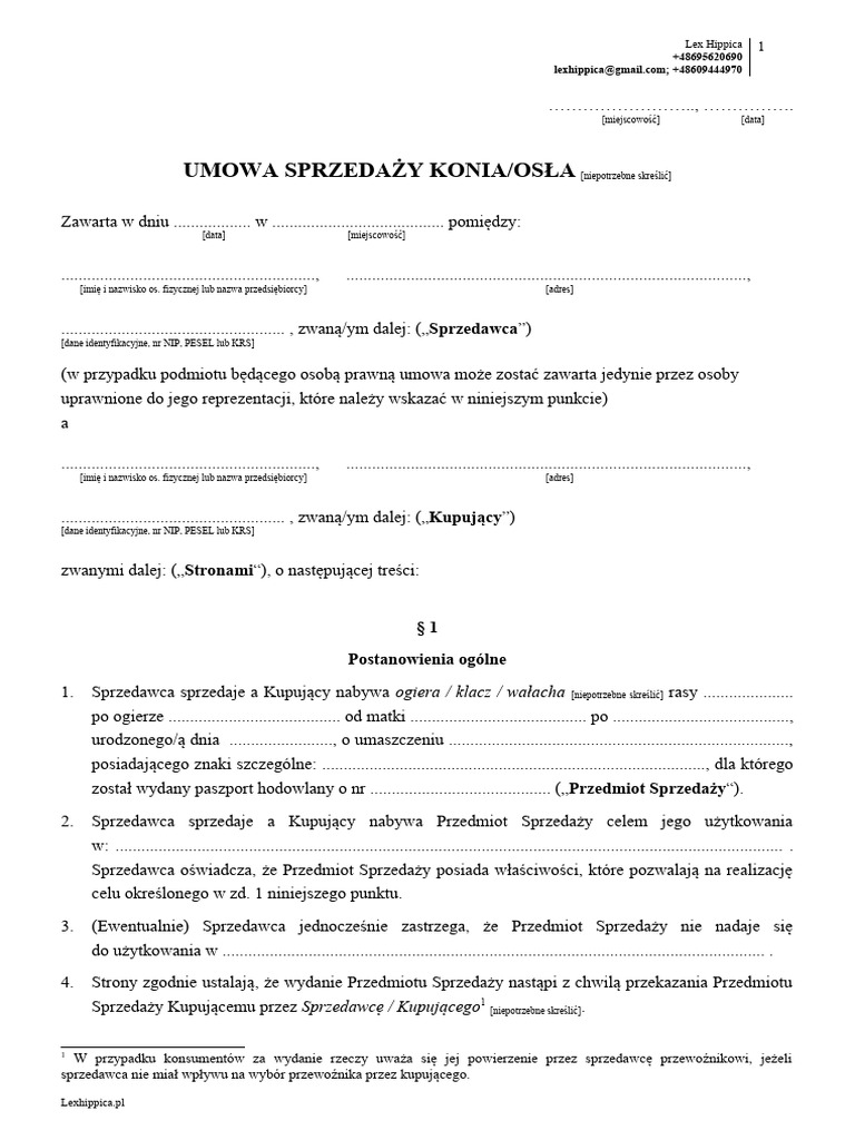 Umowa Sprzedaży Konia | PDF