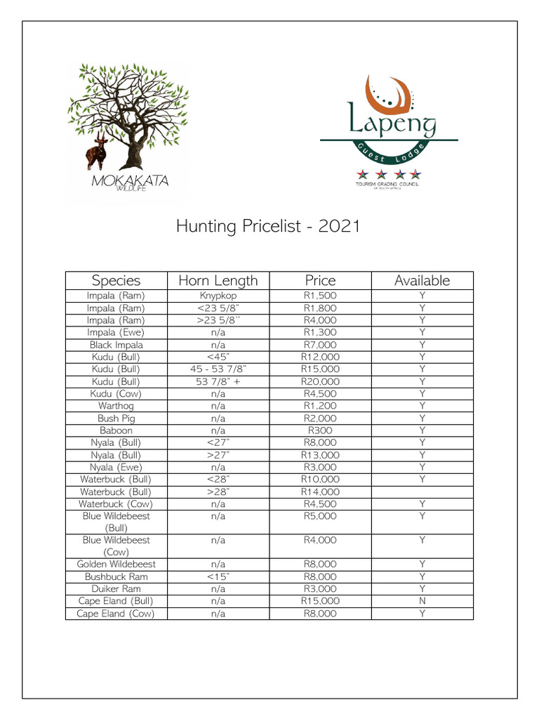 Hunting-Pricelist-2021 | Download Free PDF | Mammals Of Africa | Bovidae