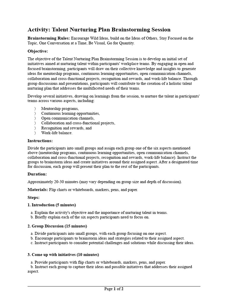 Talent Nurturing Plan Brainstorming Session | PDF | Brainstorming ...