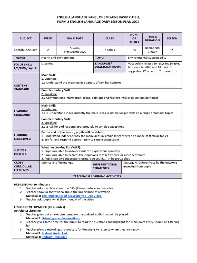 Form 2 English Lesson 2 | PDF | Teachers | Lesson Plan