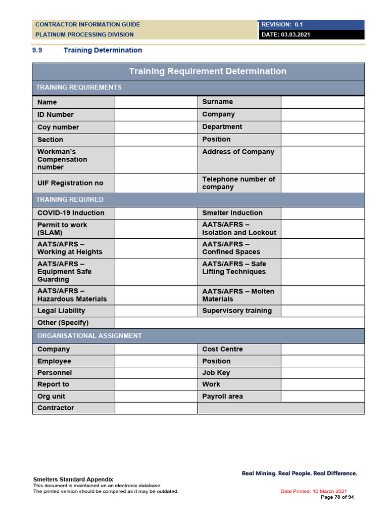 Anglo American Platinum - Smelting Operations - Onboarding Training Determination Request | PDF