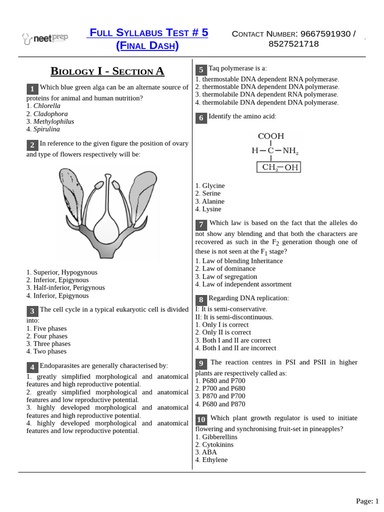 Biology I: Multiple Choice Questions | PDF | Cell Membrane | Plant Stem