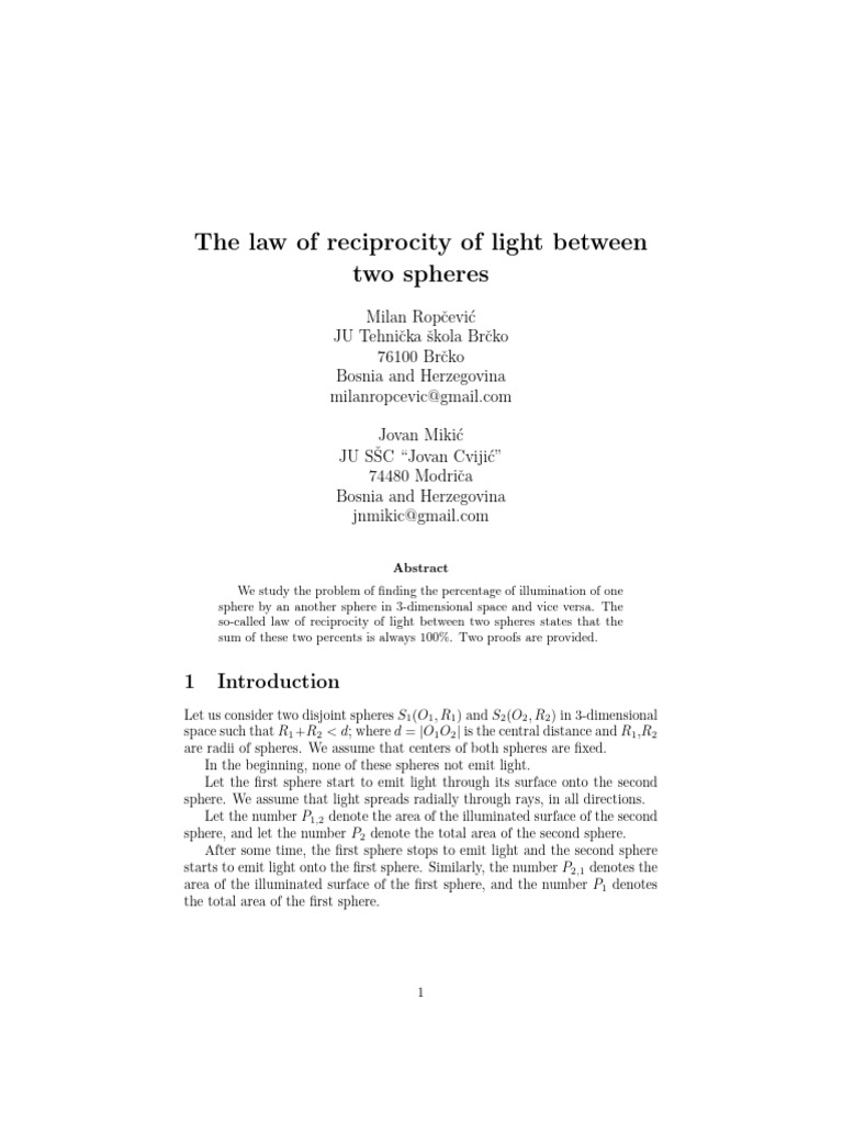 The Law of Reciprocity of Light Between Two Spheres | PDF | Sphere ...