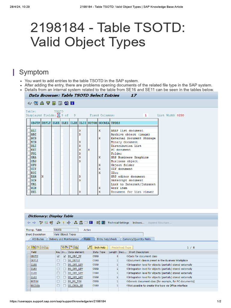 Table TSOTD - Valid Object Types - SAP Knowledge Base Article | PDF ...