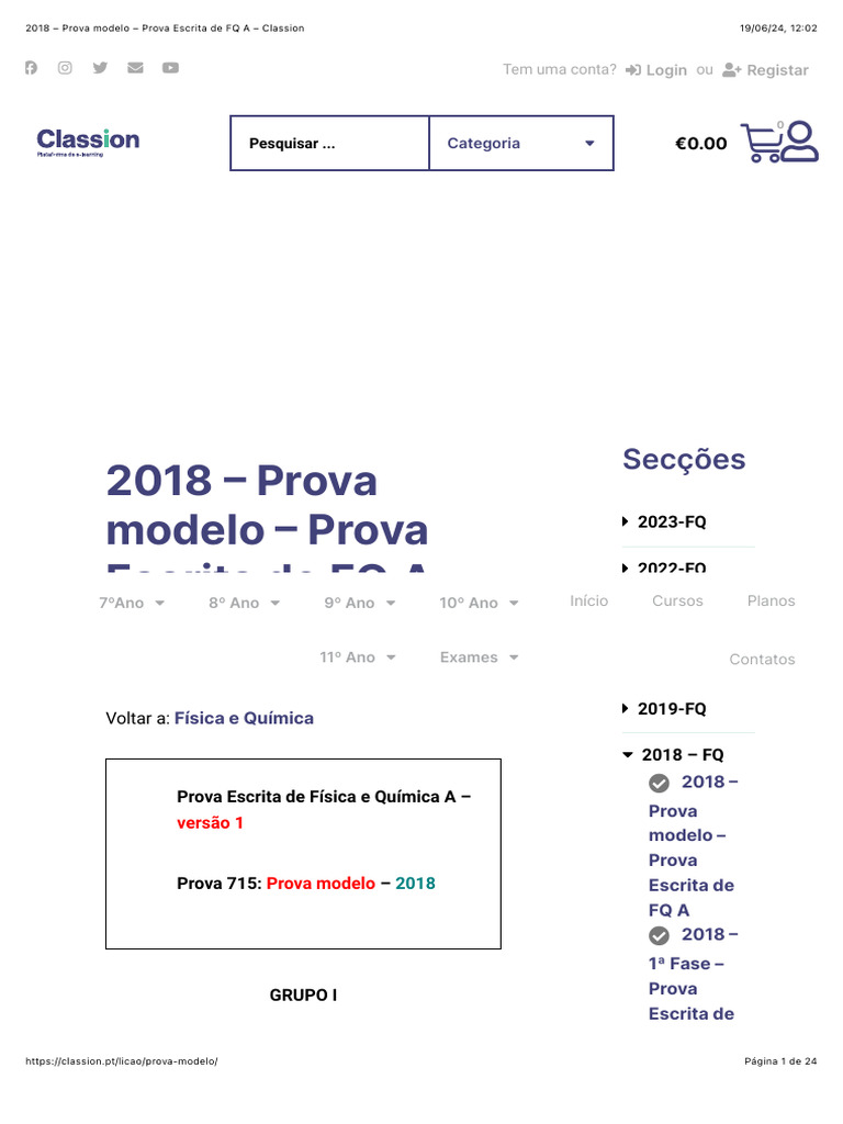 2018 - Prova Modelo - Prova Escrita de FQ A - Classion | PDF | Equilíbrio químico | Química