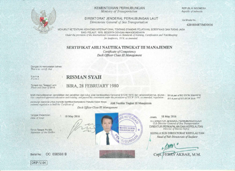 STCW - COC - Deck Officer Class III DTD 18 May 2016 | PDF