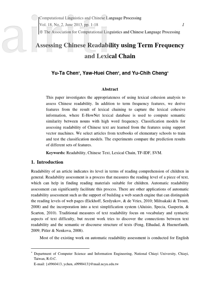 Assessing Chinese Readability Using Term Frequency and Lexical Chain | PDF | Cognitive Science ...