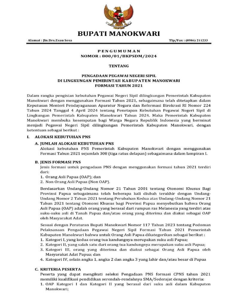 Pengumuman CPNS Formasi 2021 Kab Manokwari | PDF