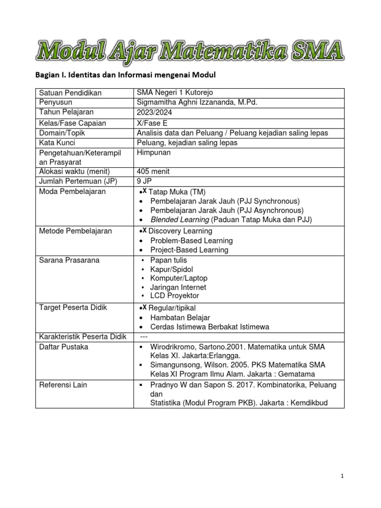 Modul Ajar 7 Matematika Fase e Peluang - Sigmamitha Ai | PDF | Karier & Perkembangan | Seni